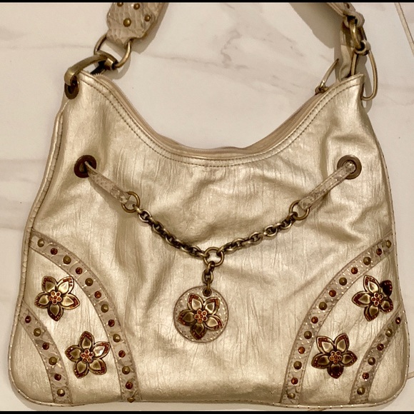 M.C. | Bags | Soft Gold Embellished Leather Mc Shoulder Bag | Poshmark